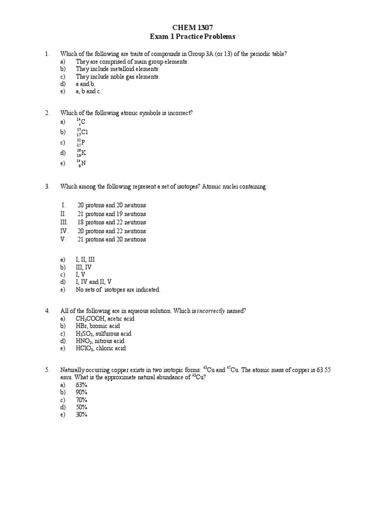 CHEM 1307 Exam 1 Practice Problems: C CL P K N | Download Free PDF ...