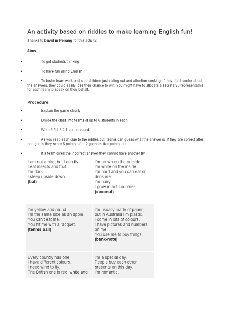 An Activity Based On Riddles To Make Learning English Fun!: (Bat ...
