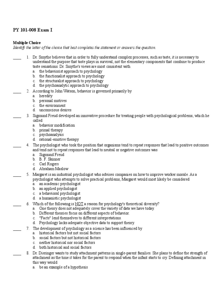 PY 101 Exam 1 Multiple Choice Questions | PDF | Behaviorism | Psychoanalysis