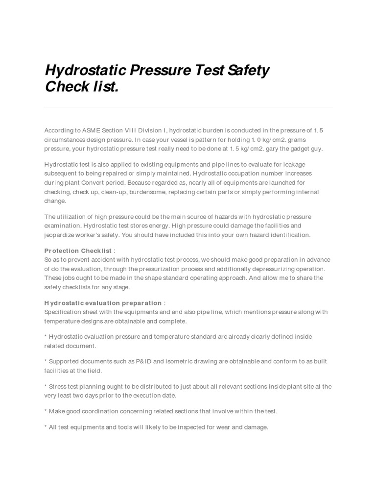 Hydrostatic Pressure Test Safety Check List PDF | PDF | Gases | Gas ...