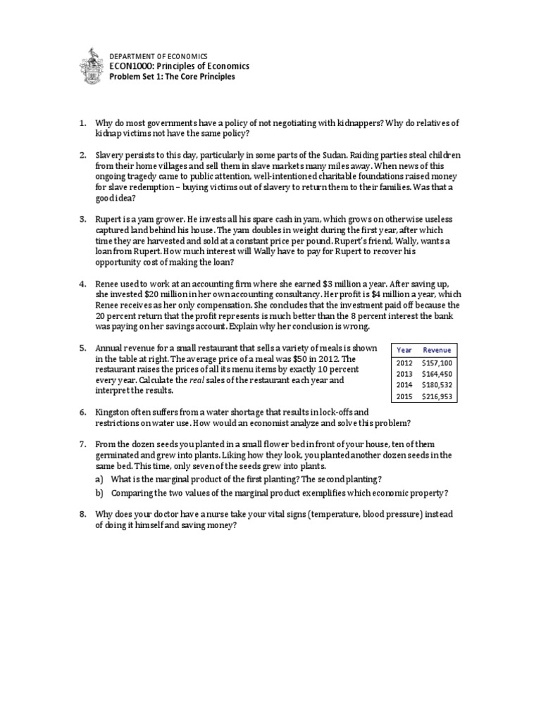 ECON1000: Principles of Economics: Problem Set 1: The Core Principles ...