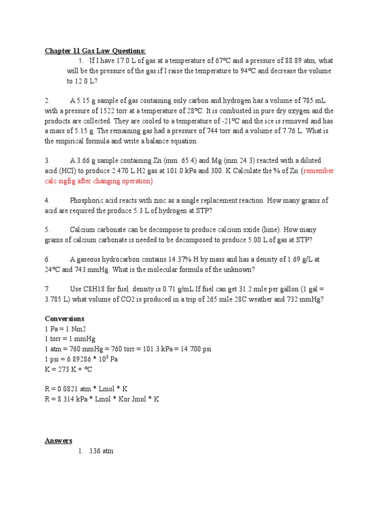 Chapter 11 Gas Law Questions | PDF