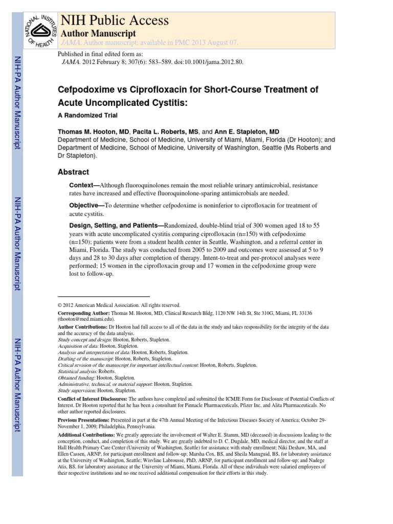 Cefpodoxime Vs Ciprofloxacin For Short-Course Treatment of Acute ...
