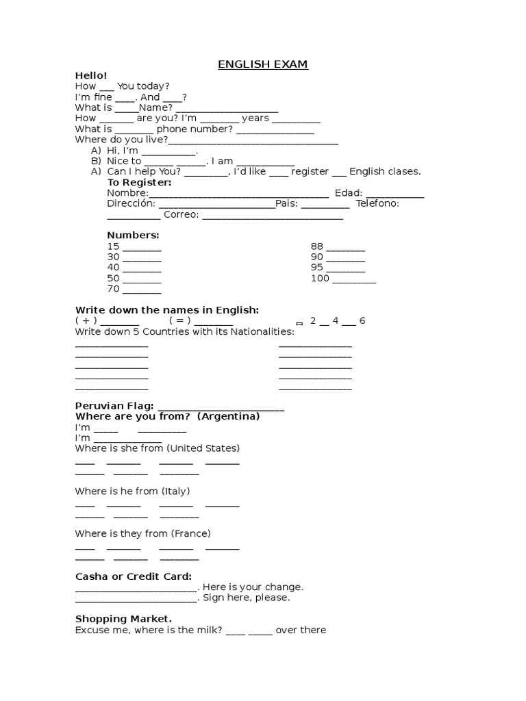 Hello!: English Exam | PDF