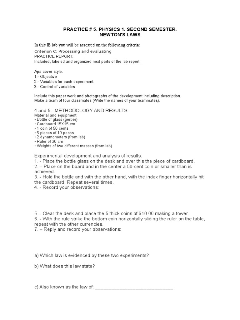 Practice Physics 1. Second Semester. Newton'S Laws: in This IB Lab You ...