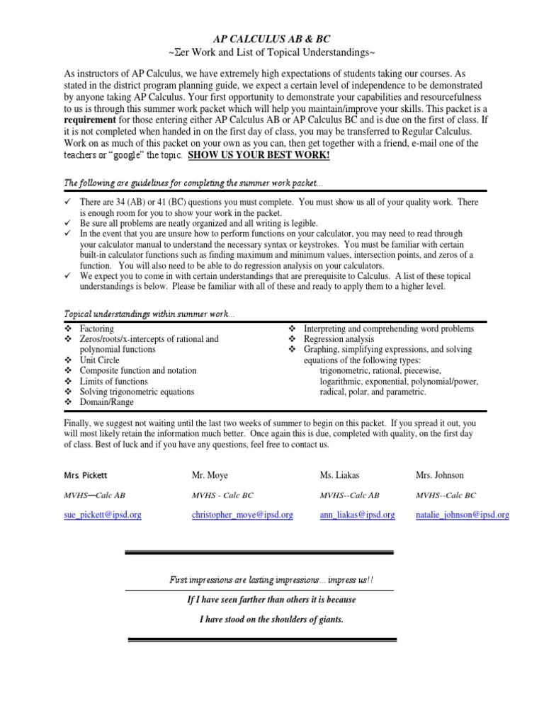 AP Calculus Summer Packet | PDF