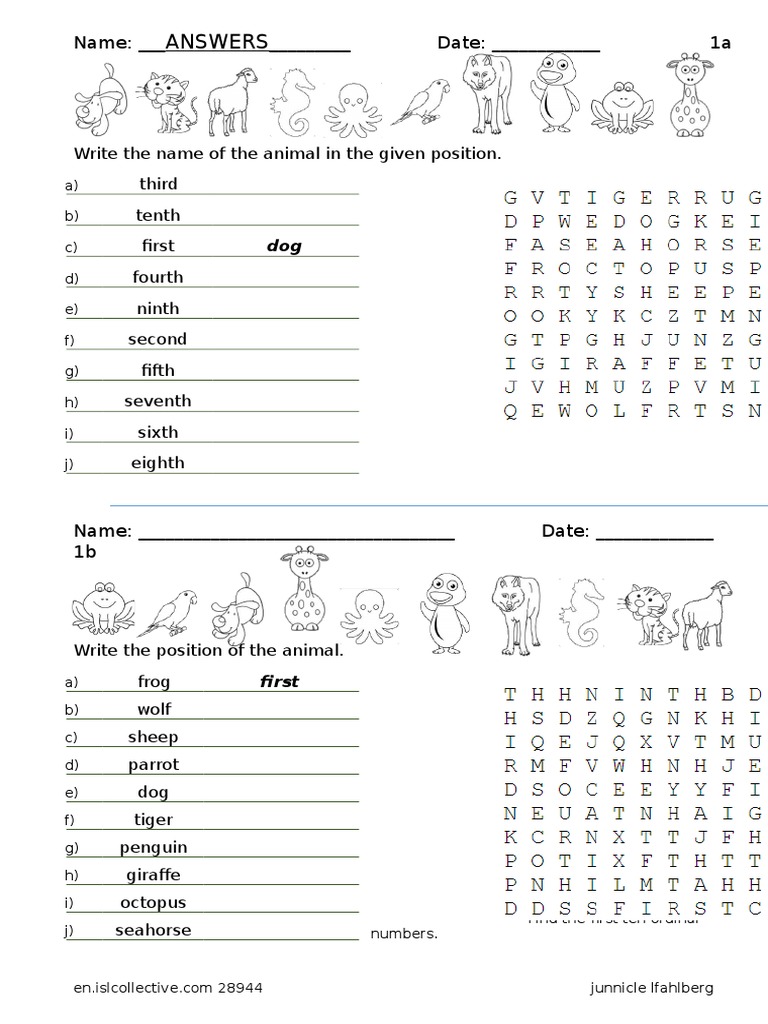 Writing Ordinal Numbers Animals Numbers | PDF