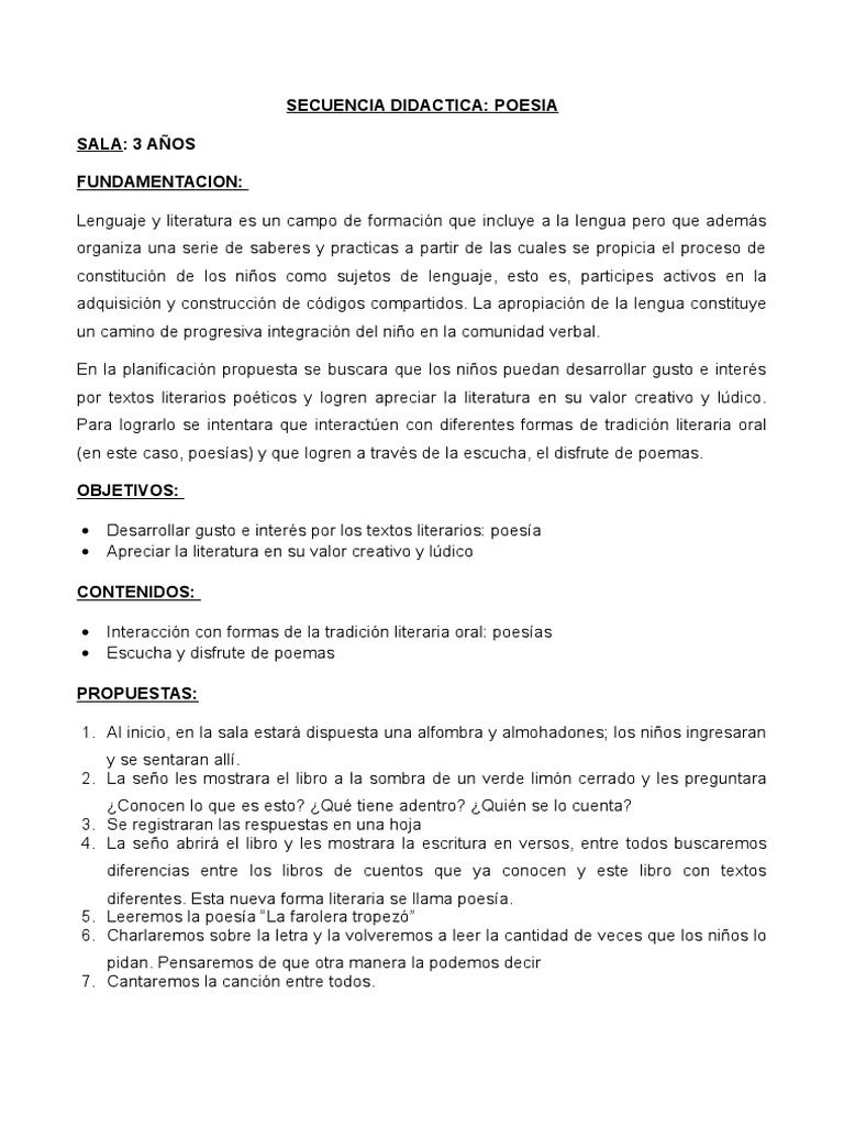 Secuencia Didáctica: Poesía 3 Años | PDF | Poesía
