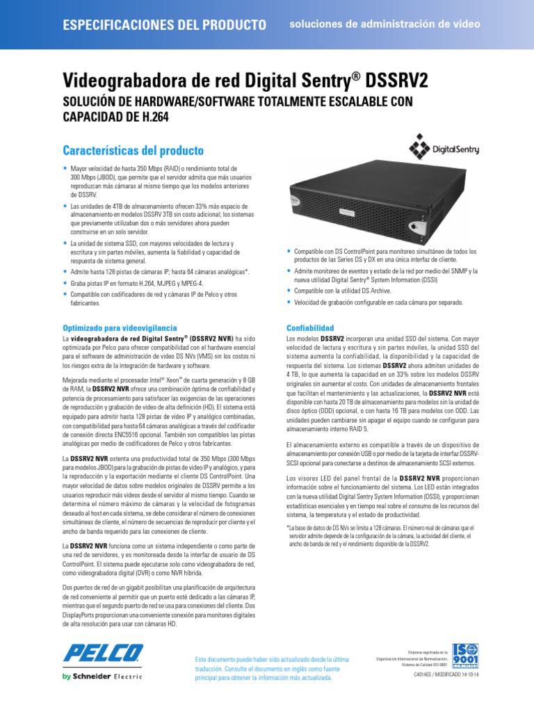 Digital Sentry DSSRV2 Network Video Recorder Spec Sheet Spanish | PDF ...