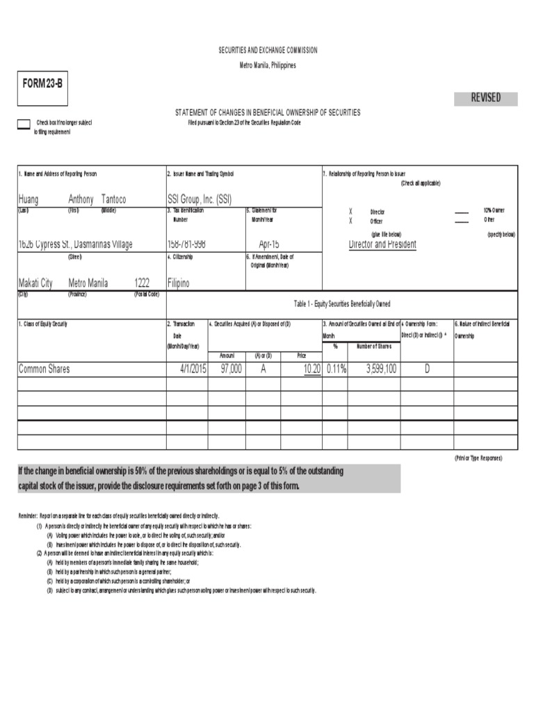 FORM 23-B: Huang Anthony Tantoco SSI Group, Inc. (SSI) | PDF ...