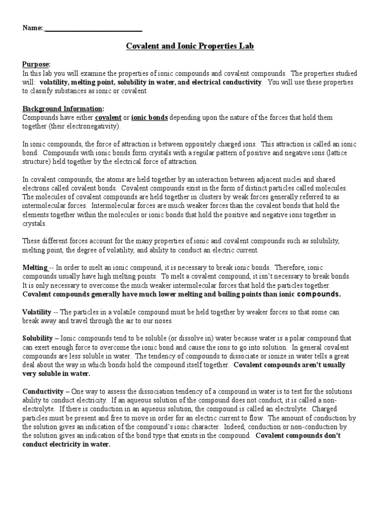 Covalent and Ionic Properties Lab | PDF | Ionic Bonding | Chemical Bond