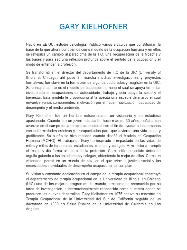 Gary Kielhofner | PDF | Doctorado | Terapia ocupacional