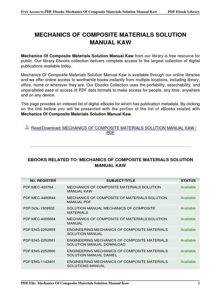 Mechanics of Composite Materials Solution Manual Kaw | PDF | E Books ...