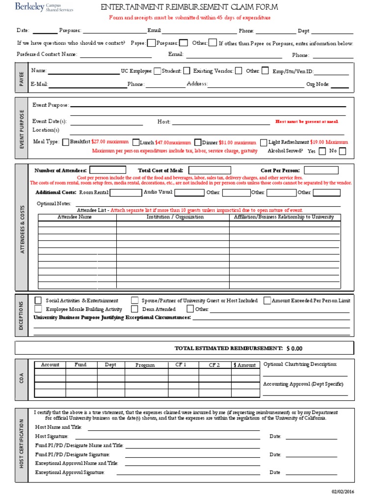 Entertainment Reimbursement Claim Form | PDF