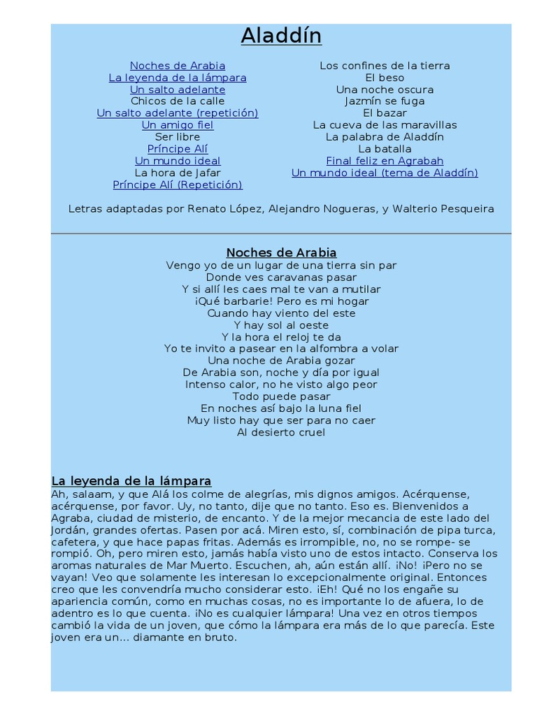 Letras de canciones de Aladdín | PDF | Cocina, comidas y vino | Poesía