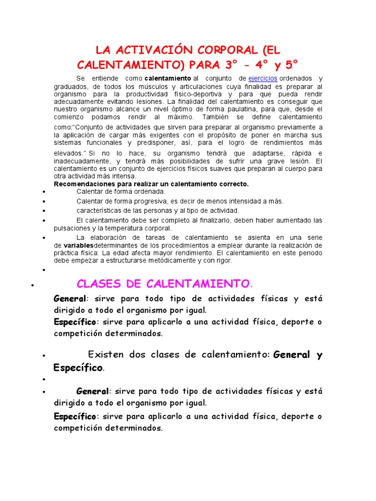 Calentamiento y Activación Corporal Infantil | PDF | Salud y bienestar