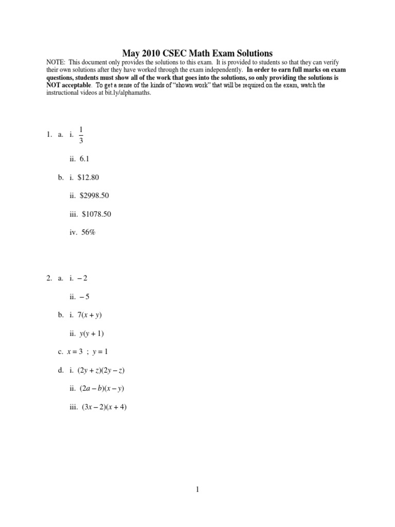 May 2010 CSEC Math Exam Solutions | PDF