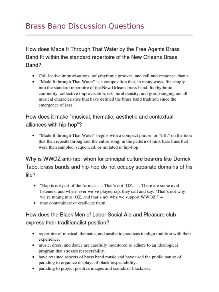 Brass Band Discussion Questions | PDF | Hip Hop Music | Funk