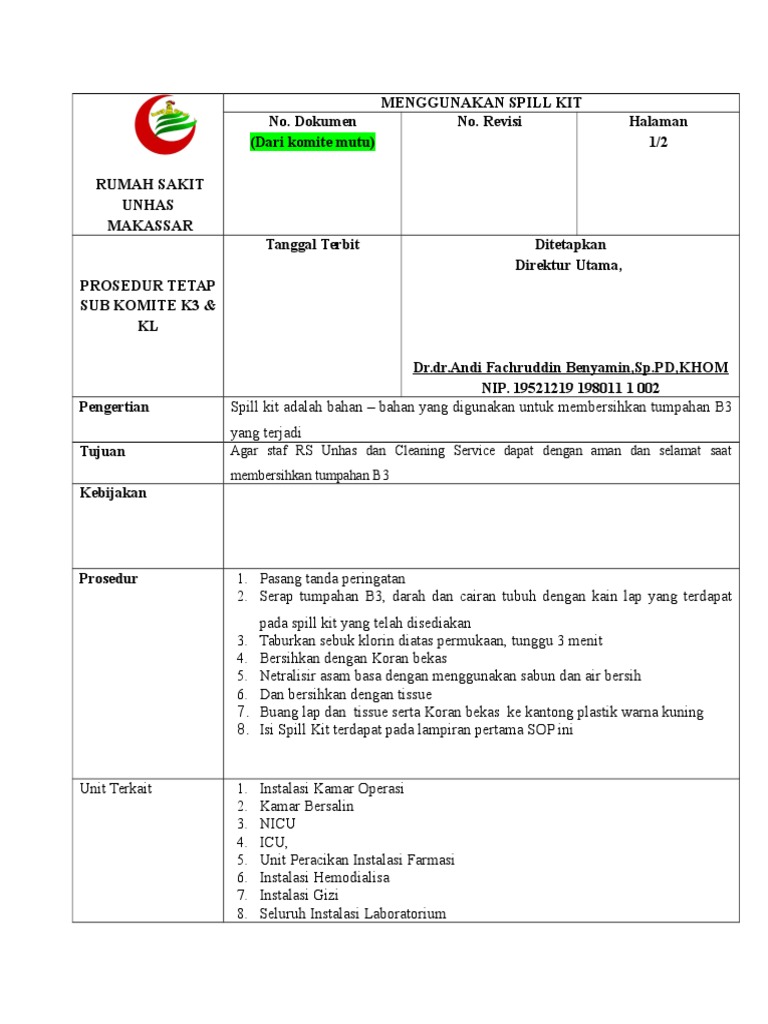 Prosedur Penggunaan Spill Kit B3 di RS | PDF