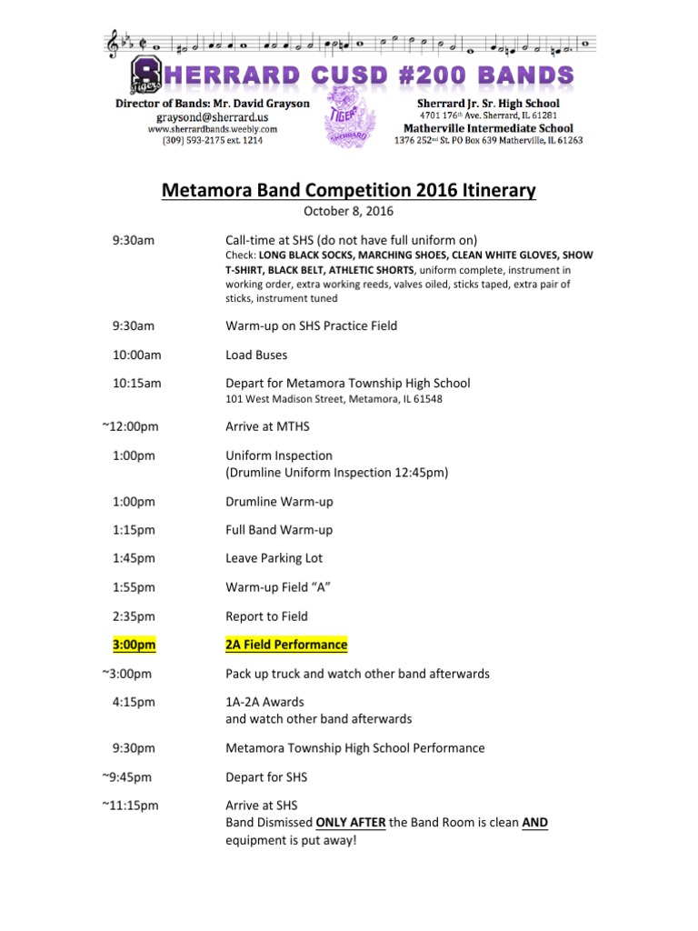 Metamora Marching Band Competition 2016 Itinerary | PDF | Art