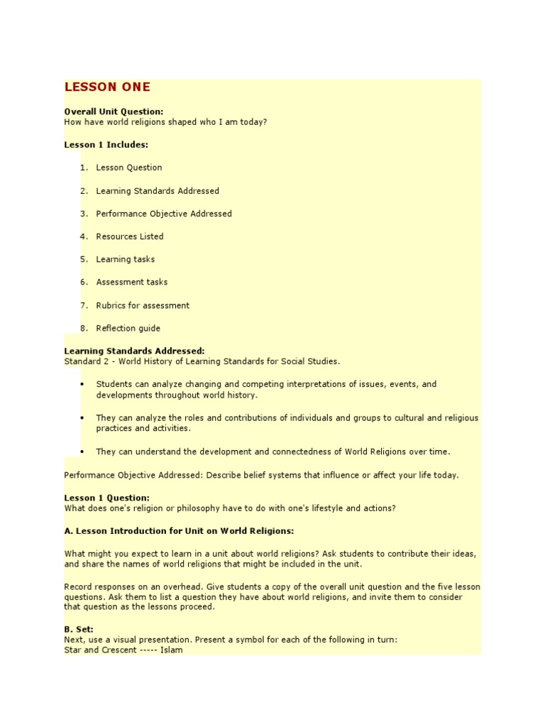 Lesson Plan For World Religion | PDF | Educational Assessment | Major ...