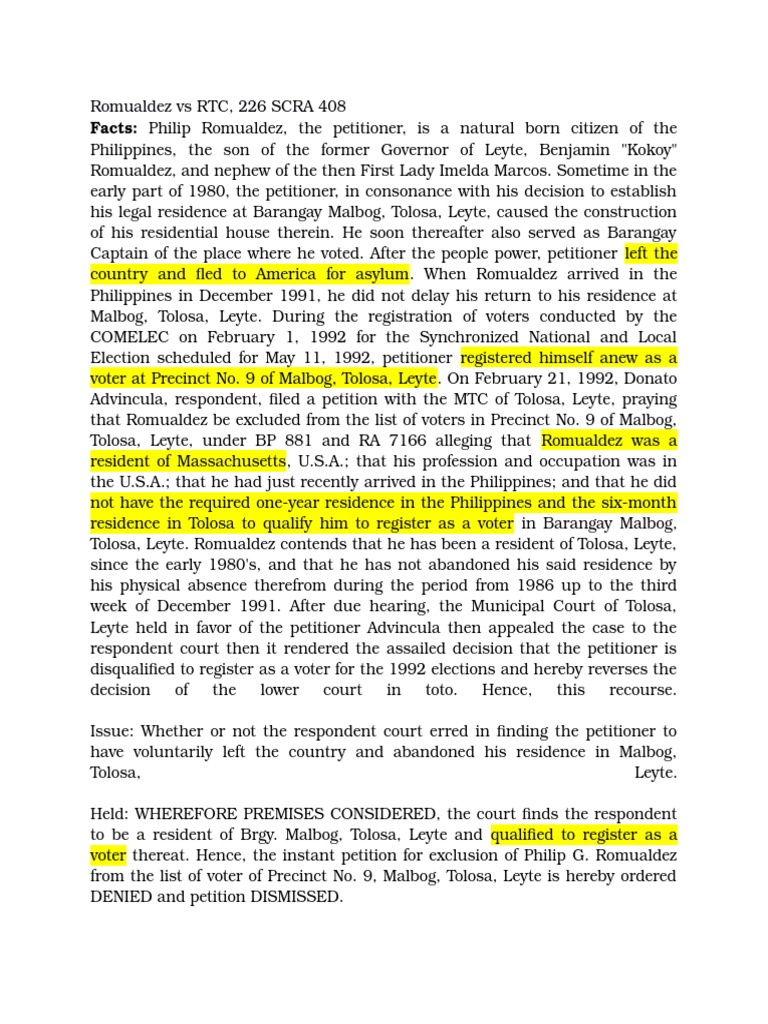 Romualdez Vs RTC - Case Digests | PDF | Voter Registration | Justice