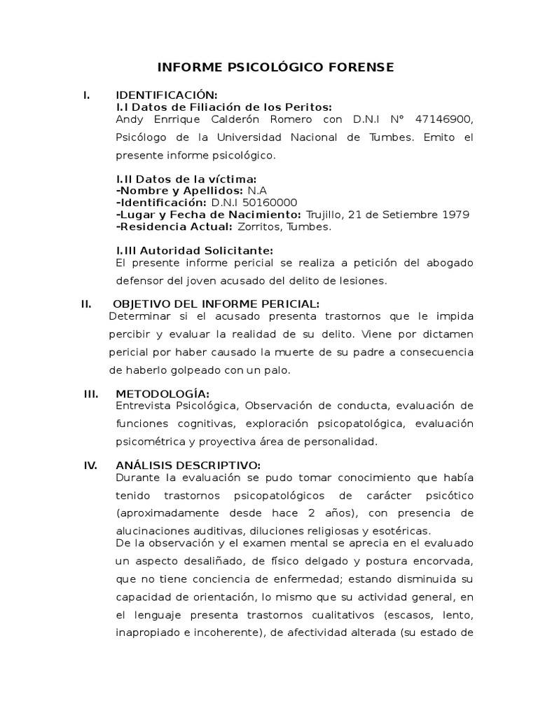 Informe Psicológico Forense Caso N°02 | Esquizofrenia | Psicosis