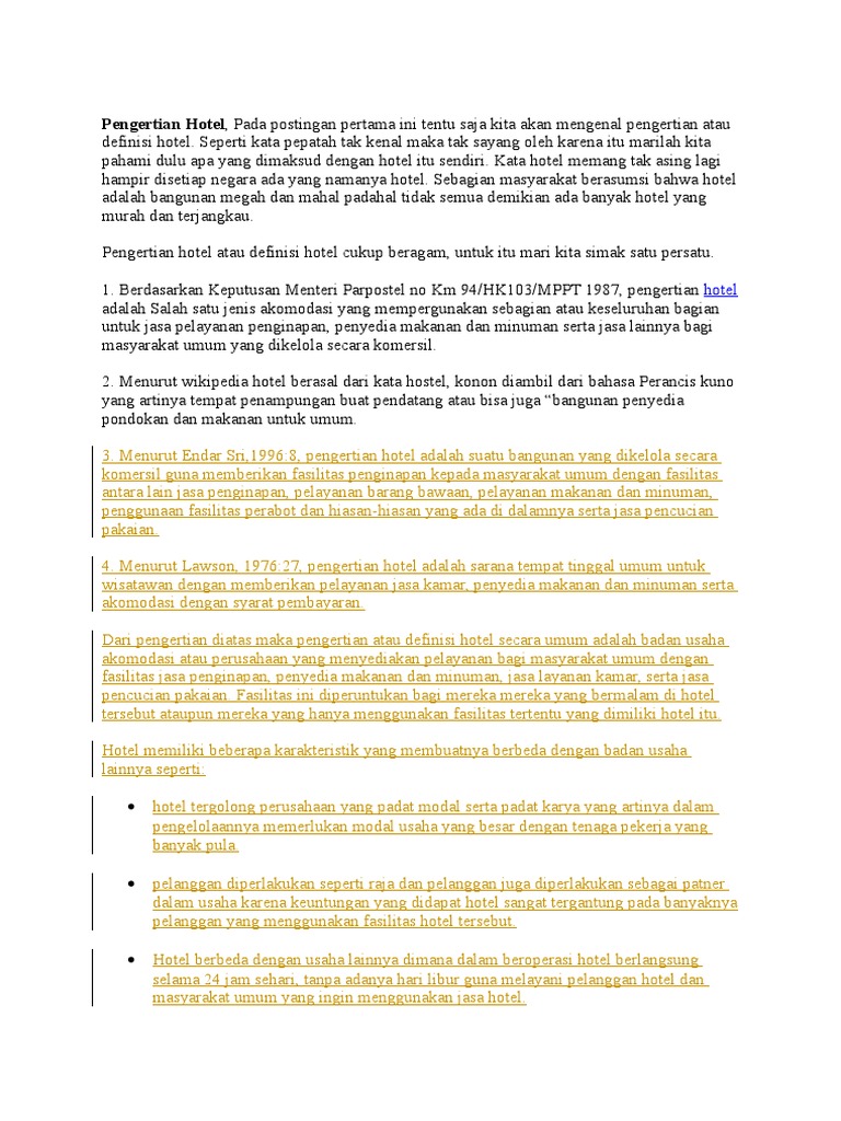 Pengertian Hotel & Definisi | PDF