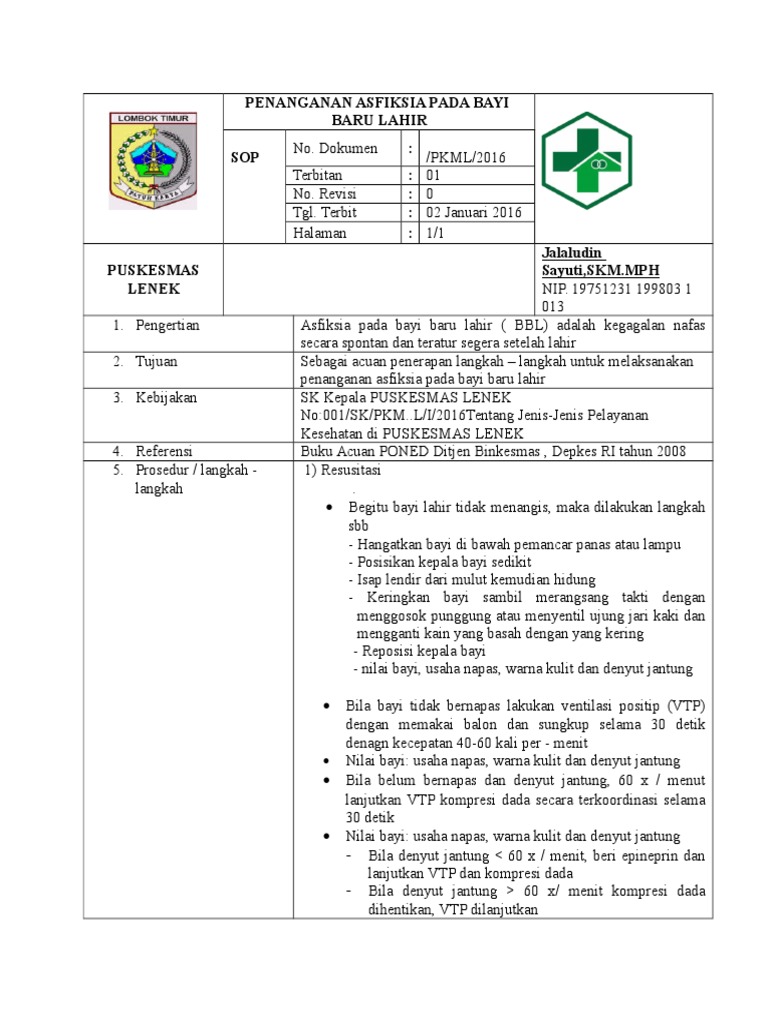 Sop Penanganan Asfiksia Pada BBL | PDF