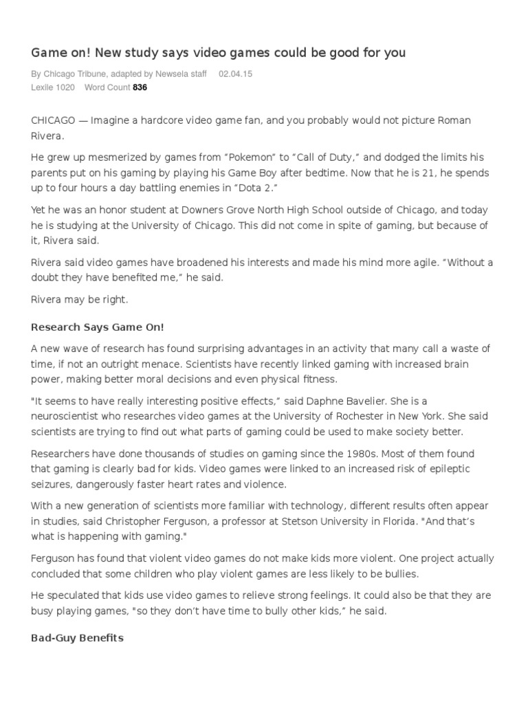 Gaming Can Be Good For You - Newela Linked Passage For Teachers-2 | PDF ...