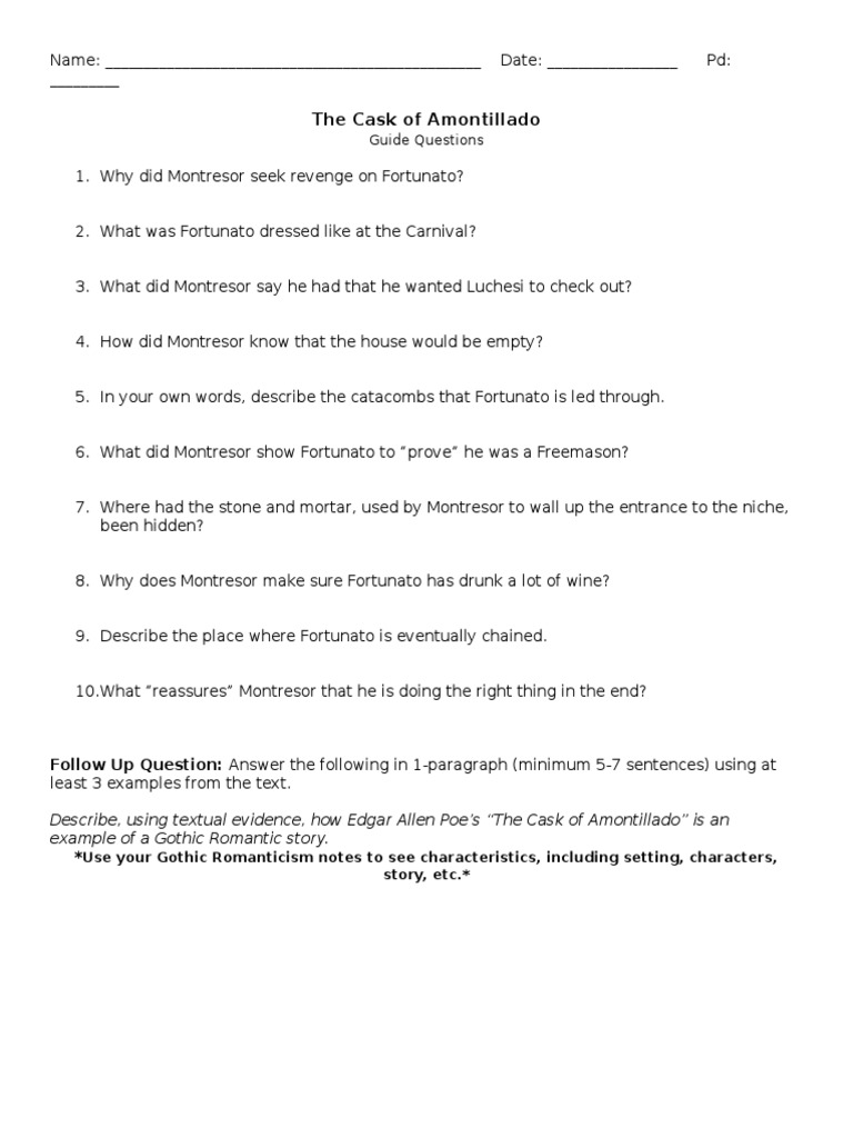 Cask of Amontillado Study Questions | PDF | Horror Short Stories ...
