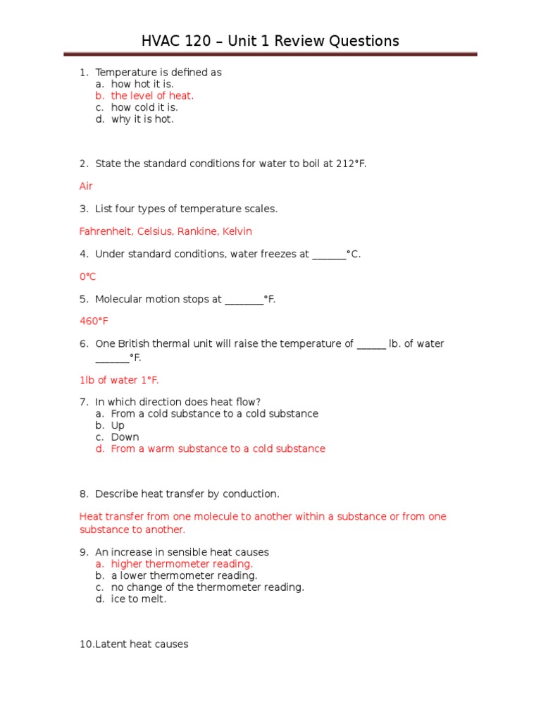 HVAC 120 Unit 1 Review Questions | PDF | Fahrenheit | Pressure Measurement