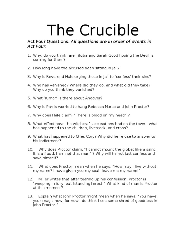 The Crucible Act Four Questions | PDF | Witch Trials | Early Modern ...