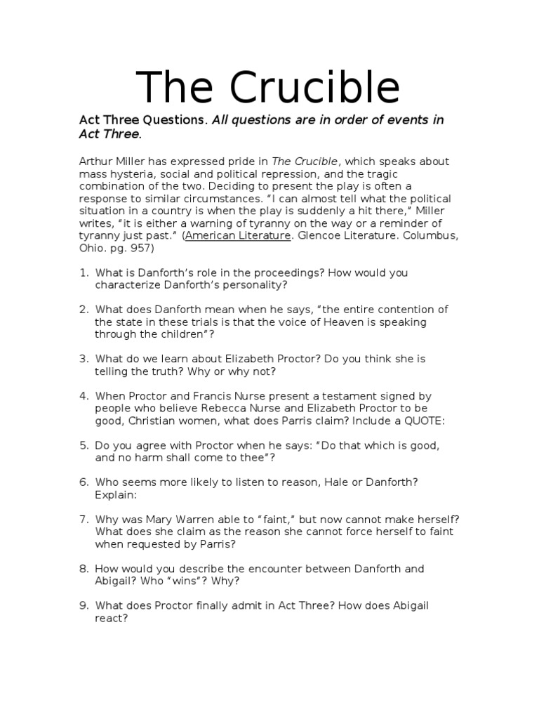 Act Three Questions for The Crucible | PDF