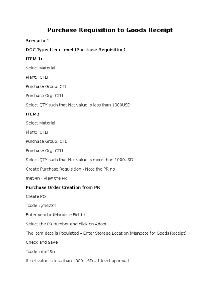 Purchase Requisition To Goods Receipt: Scenario 1 DOC Type: Item Level ...