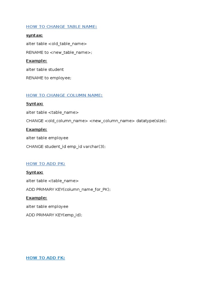 How To Change Table Name | PDF | Table (Database) | Relational Database