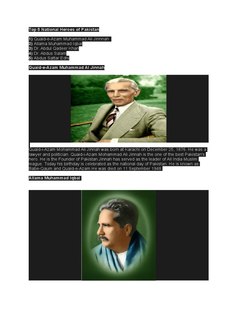 Top 5 National Heroes of Pakistan | PDF | Muhammad Ali Jinnah | South Asia