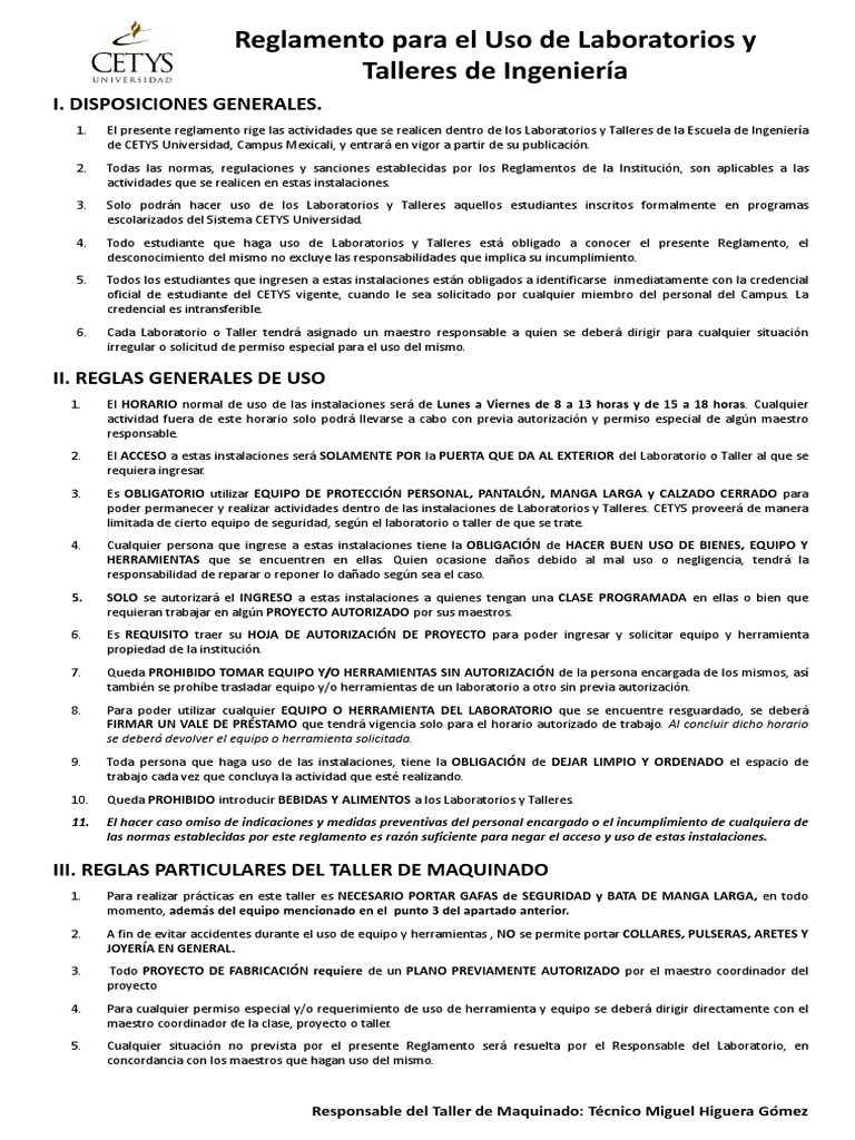 Reglamento Taller de Maquinado | PDF | Regulación | Laboratorios