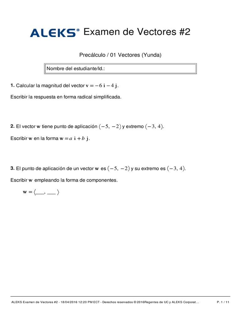 Examen 01 Vectores | PDF | Cálculo vectorial | Vector Euclidiano