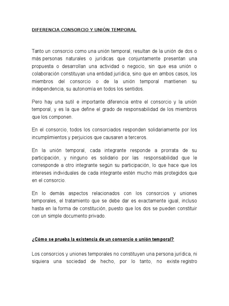 Diferencias entre Consorcio y Unión Temporal | PDF | Personalidad legal ...