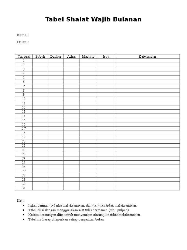Tabel Shalat Wajib Bulanan | PDF