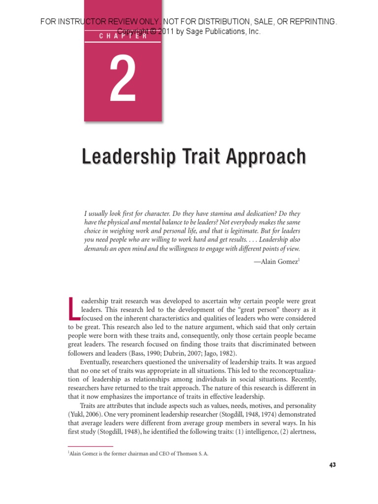 Chapter 2 Leadership Trait Approach PDF | PDF | Leadership | Emotional ...