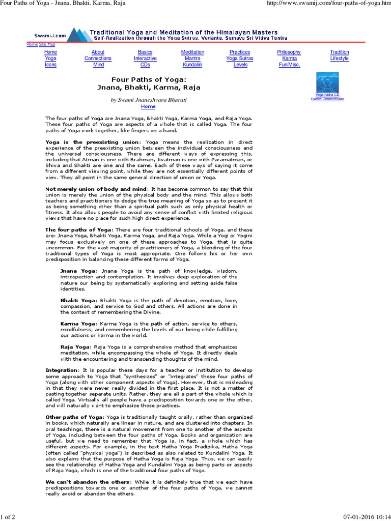 Four Paths Of Yoga Jnana Bhakti Karma Raja Pdf Bhakti Yoga