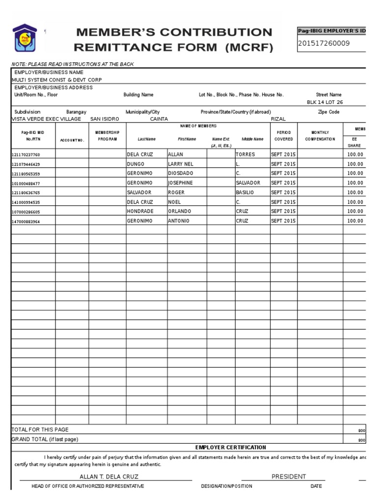 Pag-Ibig Member's Contribution Remittance Form (MCRF) | PDF