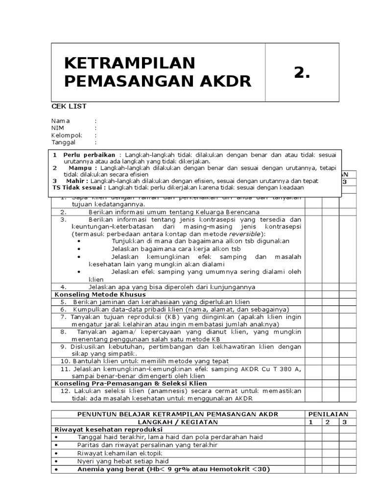 Ketrampilan Pemasangan Akdr Checklist | PDF