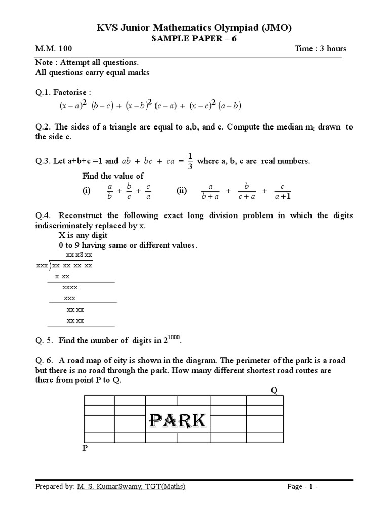 JMO Sample Paper for Class 6 | PDF | Geometry | Elementary Geometry