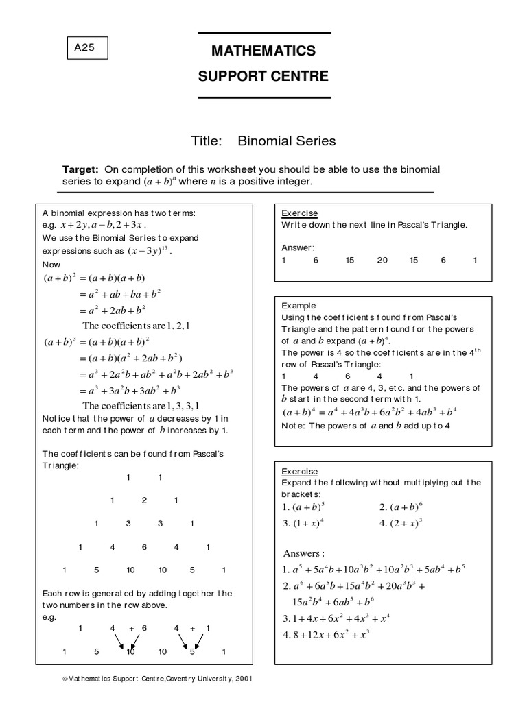 Title: Binomial Series: Mathematics Support Centre | PDF | Complex Analysis | Discrete Mathematics