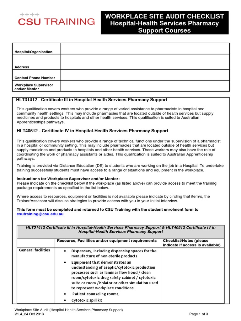 Workplace Site Audit Checklist Pharmacy | Pharmacy | Prescription Drugs