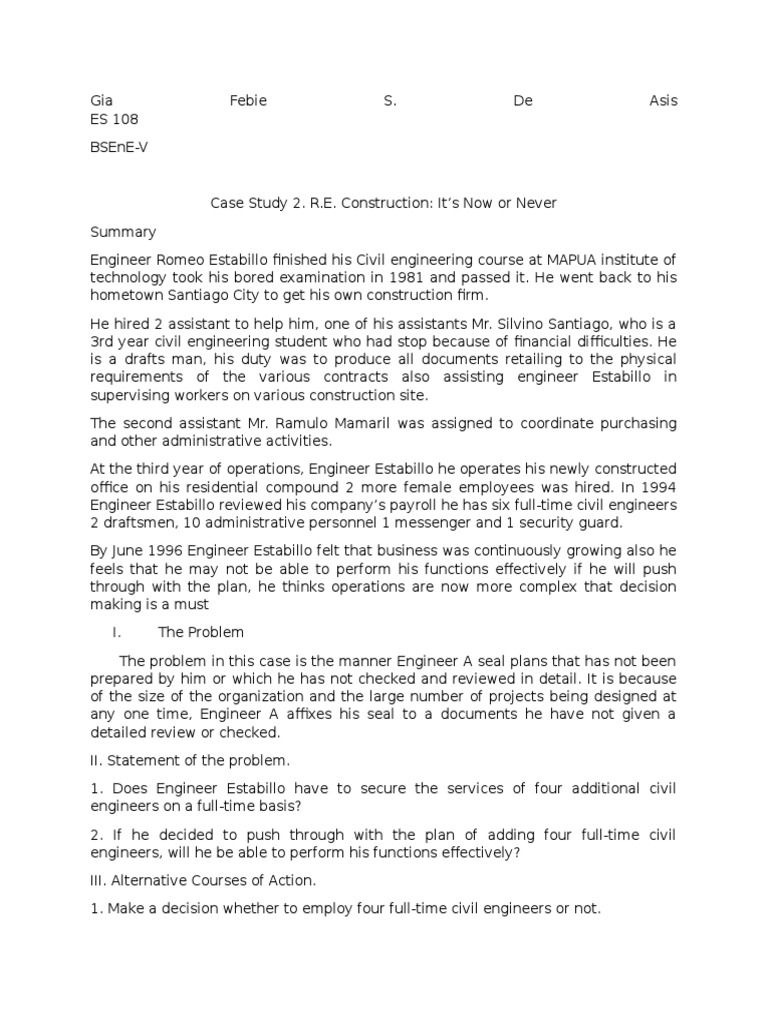 R.E. Construction Case Study Analysis | PDF | Engineering | Decision Making