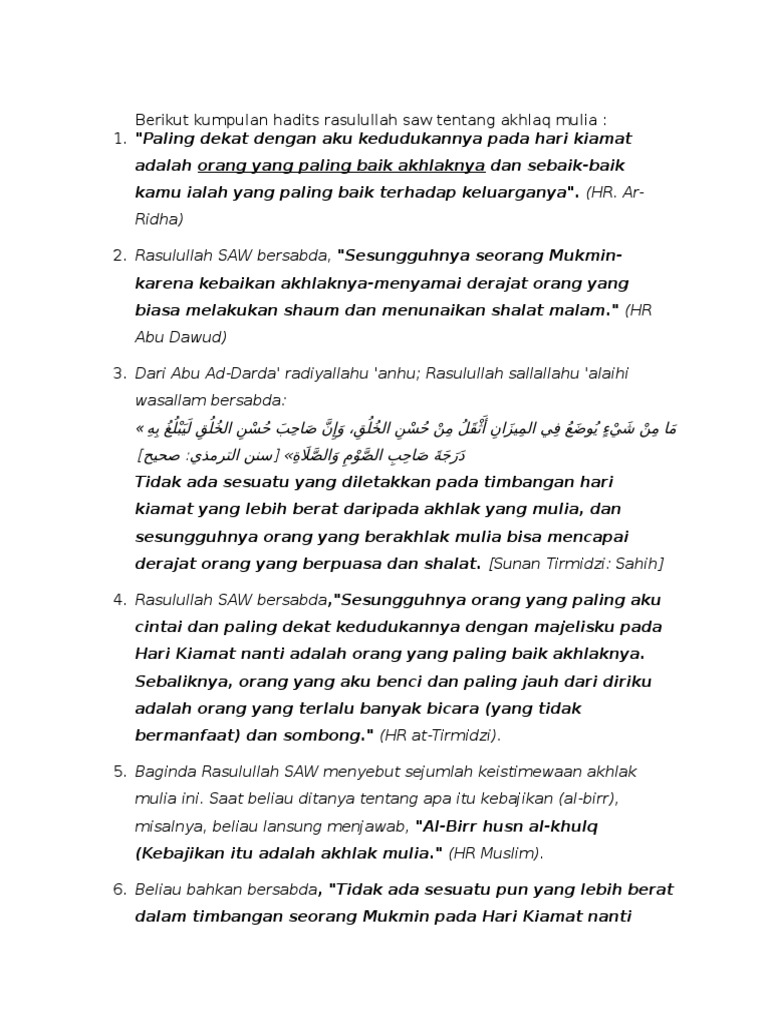 Berikut Kumpulan Hadits Rasulullah Saw Tentang Akhlaq Mulia | PDF